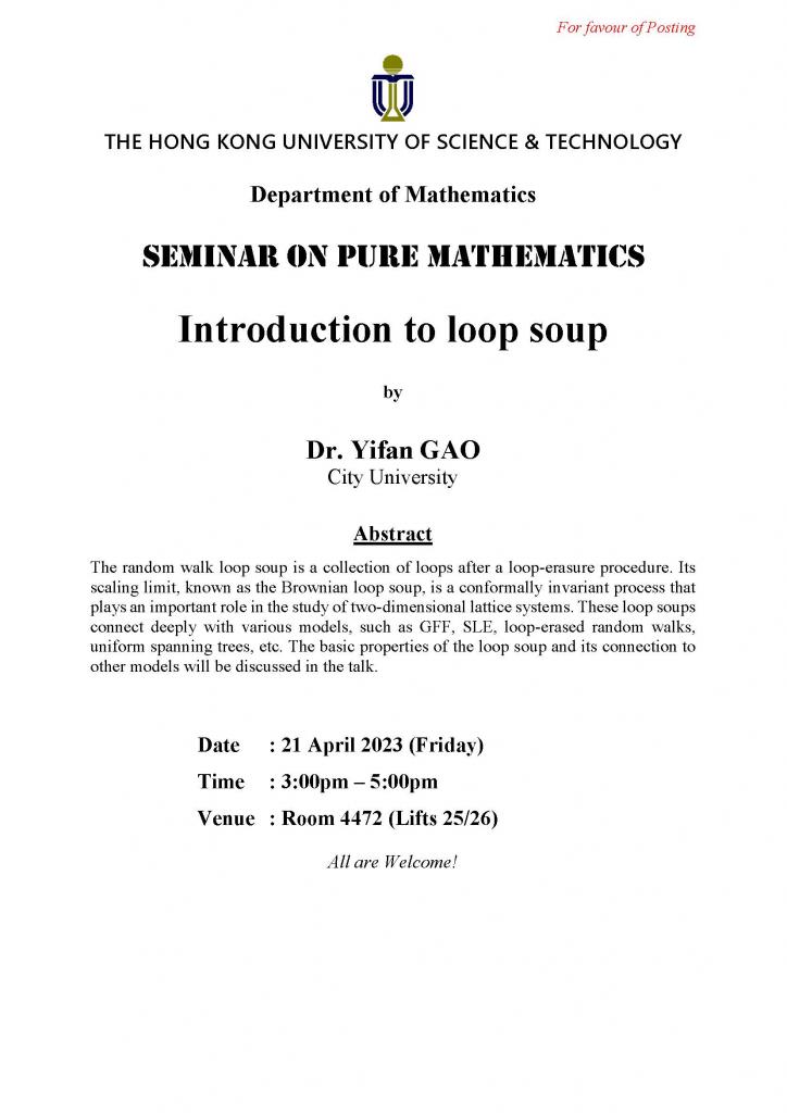Department of Mathematics - Seminar on Pure Mathematics - Introduction to loop soup | University ...